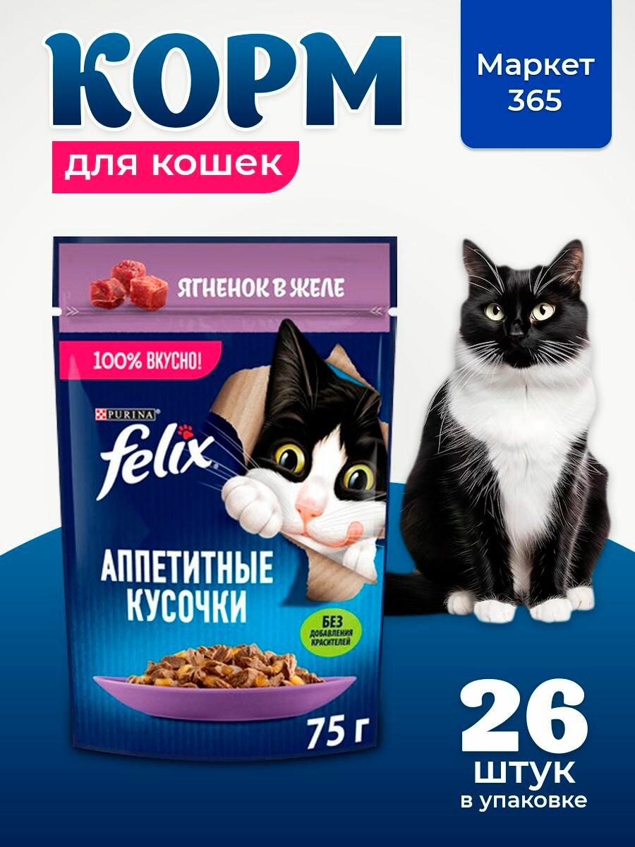 Влажный корм для кошек Felix Аппетитные кусочки, ягненок в желе, 75 г x 26 шт