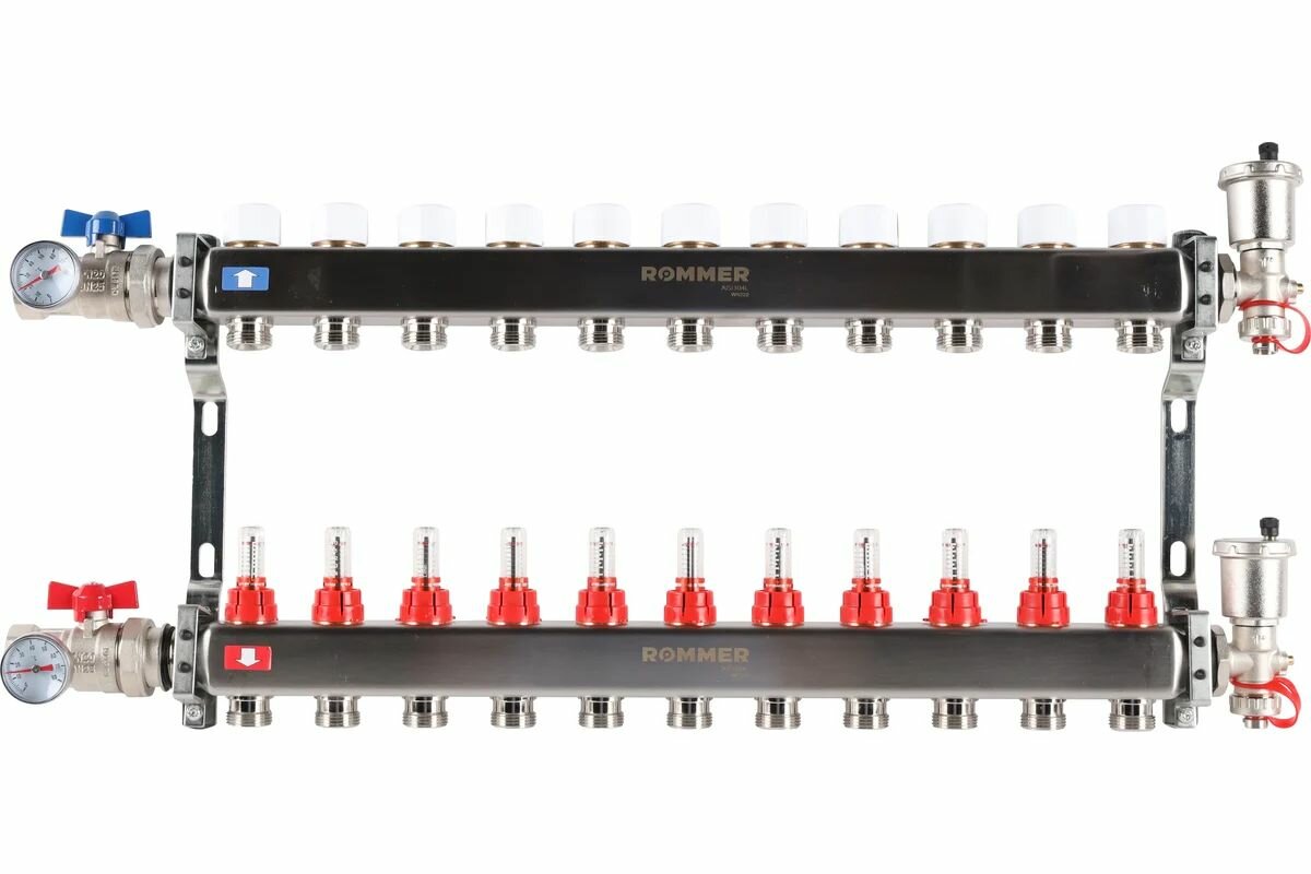Коллектор ROMMER для теплого пола из нержавеющей стали с расходомерами 11 контуров RMS-1210-000011