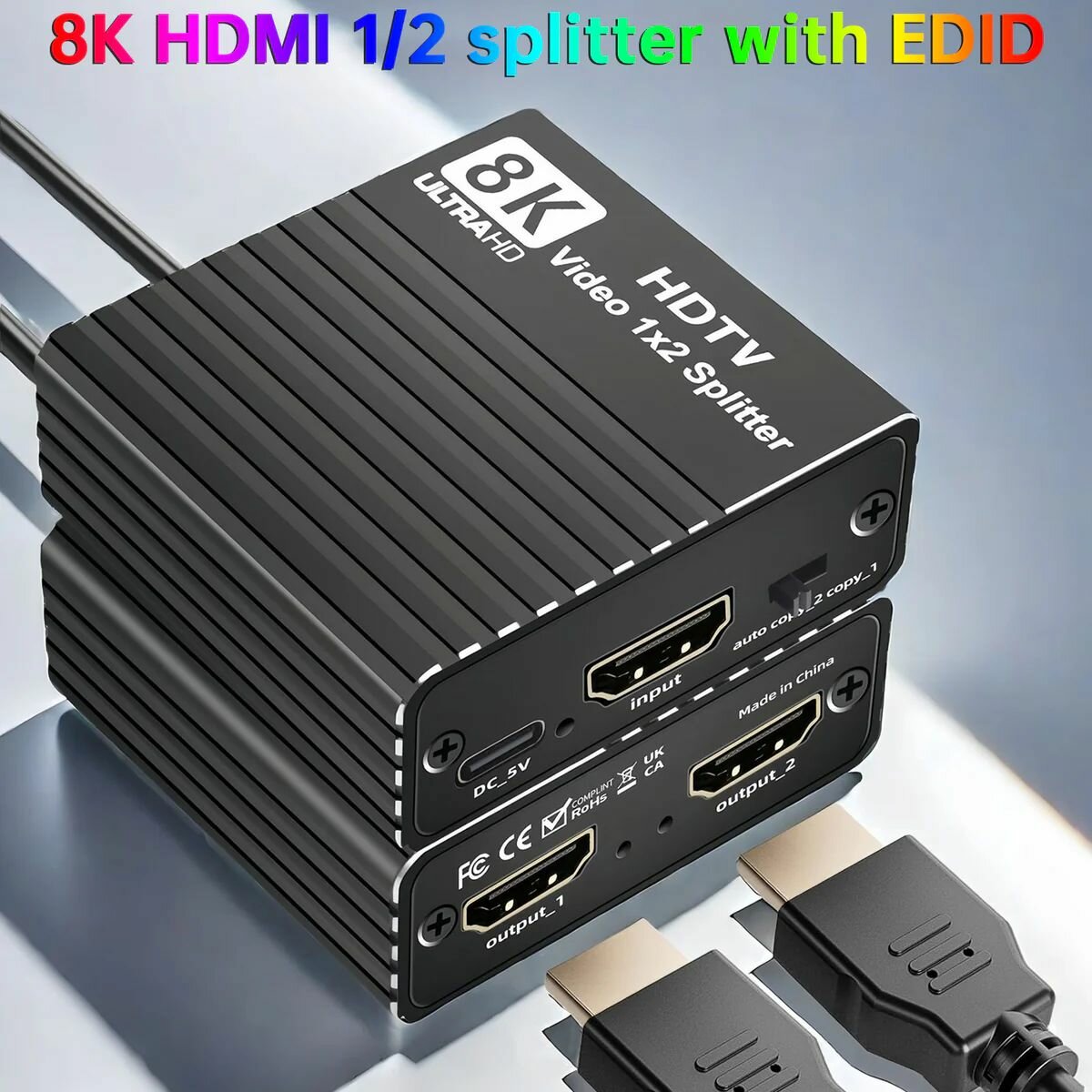 8K HDMI Разветвитель 1 на 2, версия HD2.1, поддержка 8K@60Гц / 4K@120Гц / 1080P@240Гц с EDID