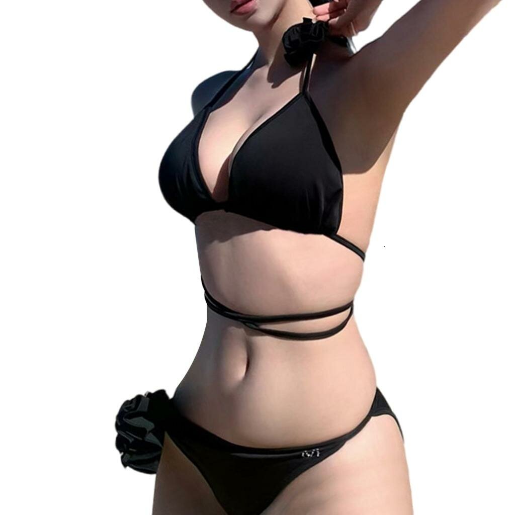 Женский 3D купальник-бикини с трусиками стрингами, Черный - M