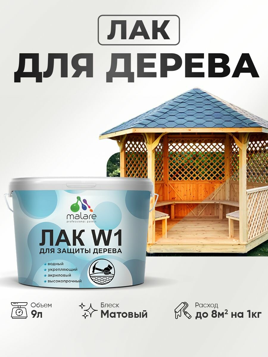 Лак водный для дерева Malare Professional для деревянных и минеральных поверхностей, моющийся без запаха быстросохнущий, бесцветный матовый, 9 кг.