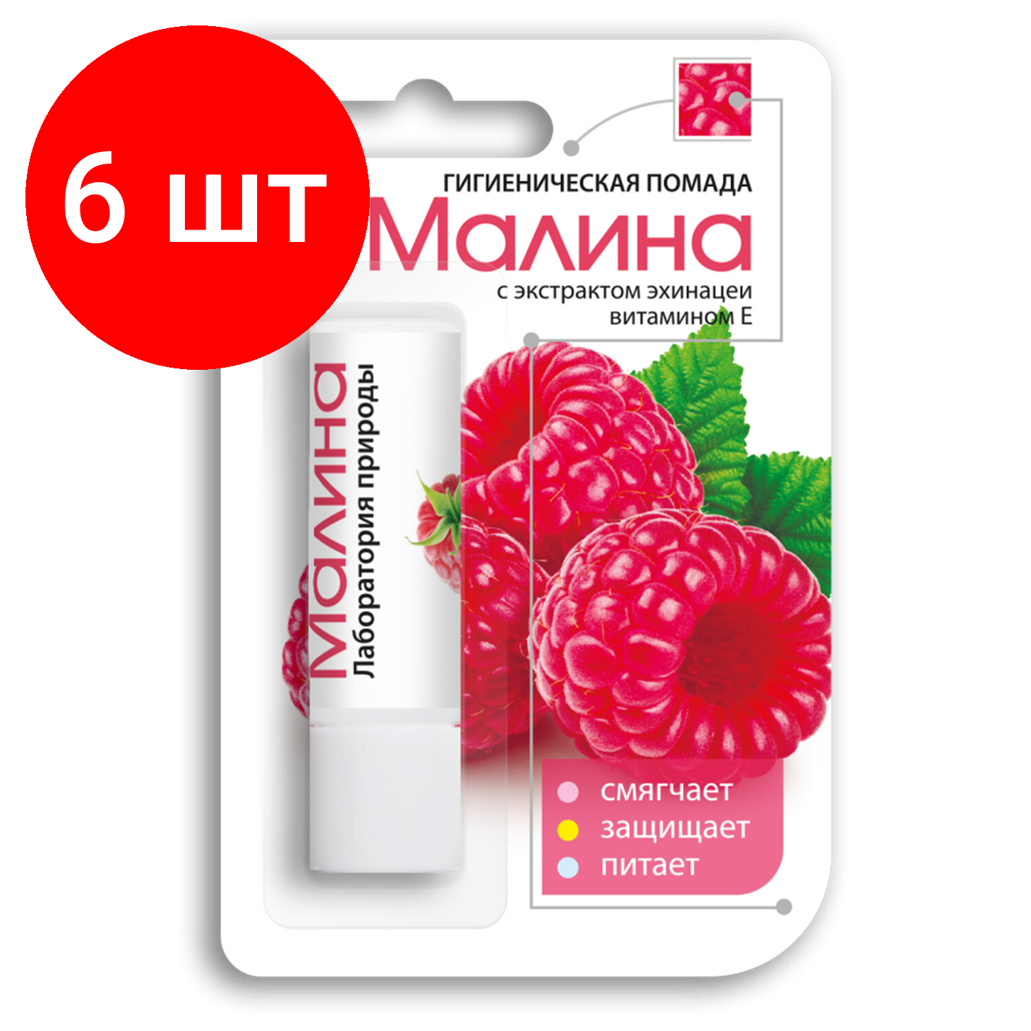 Комплект 6 шт, Помада гигиеническая с экстрактом эхинацеи 2.8 г, лаборатория природы "Малина", 1598