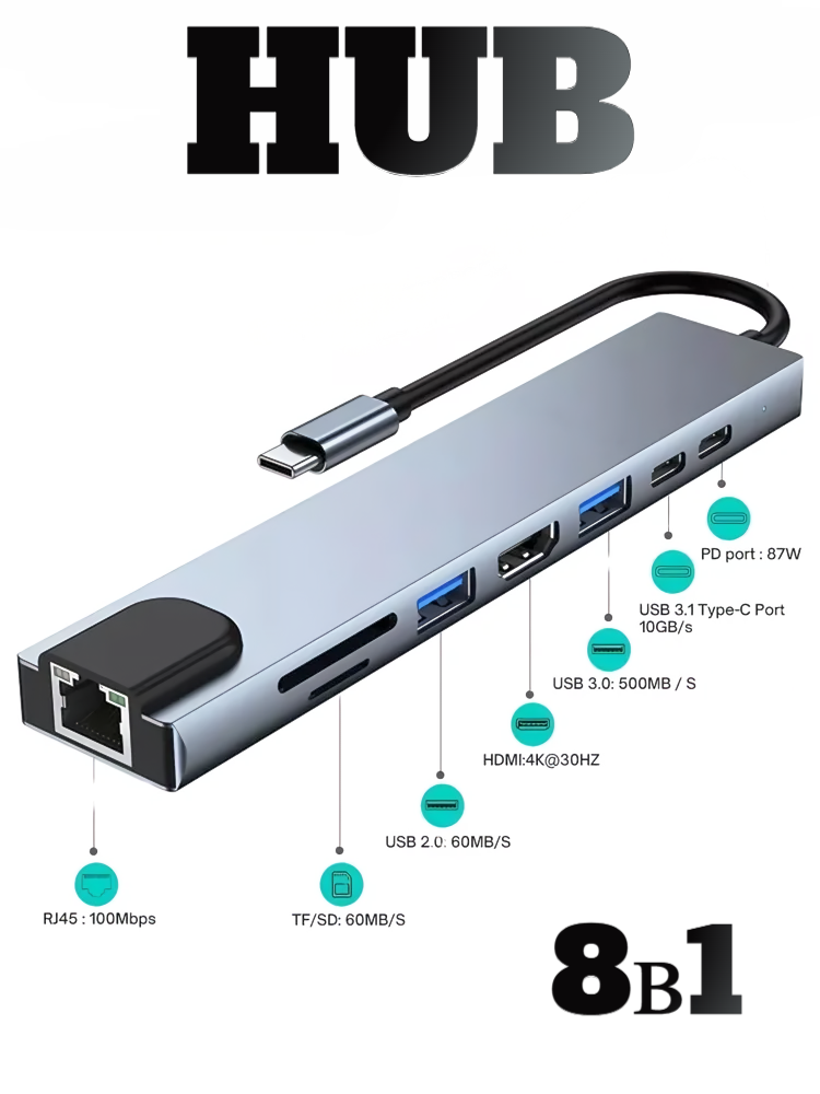 Хаб usb type-c для macbook / хаб для ноутбука с hdmi / Usb hub / 8 портов