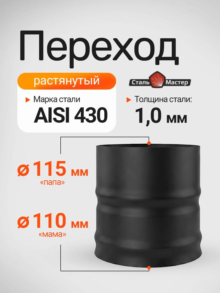 Переход за 110 115 , адаптер дымохода из нержавейки 1 мм, L 120