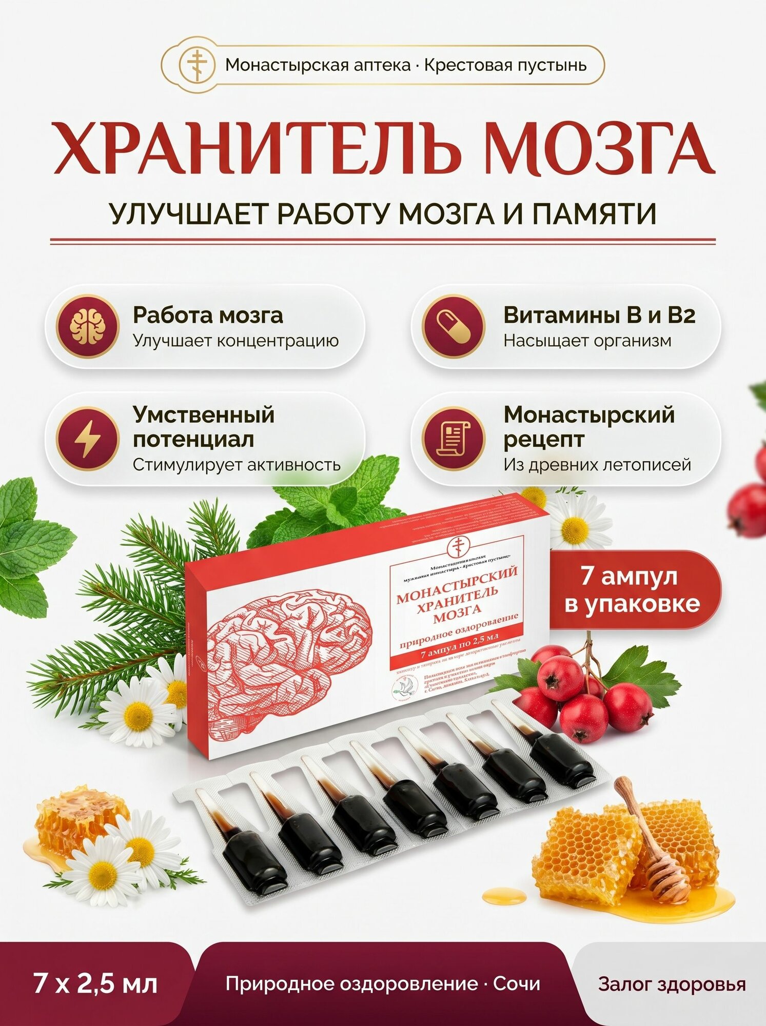 Эликсир Монастырская Аптека "Хранитель Мозга" для иммунитета, 2.5 мл, 7шт
