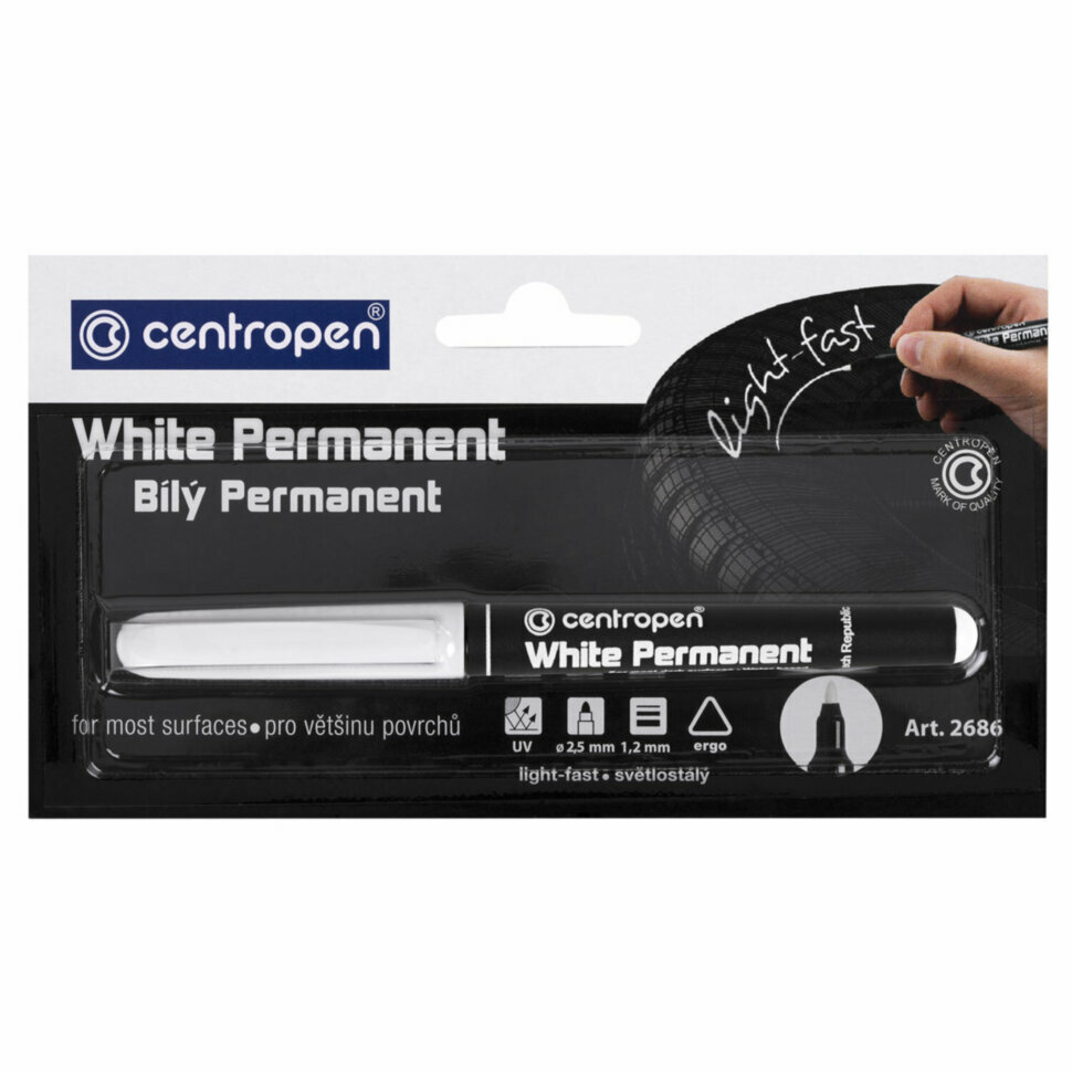 Маркер перманентный белый CENTROPEN, круглый наконечник, 1,2 мм, блистер, 2686, 5 2686 6000, 152037