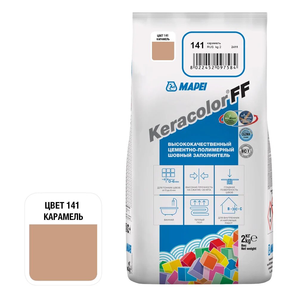 Затирка MAPEI KERACOLOR FF карамель, цементно‑полимерная, влагостойкая и морозостойкая, для наружных работ