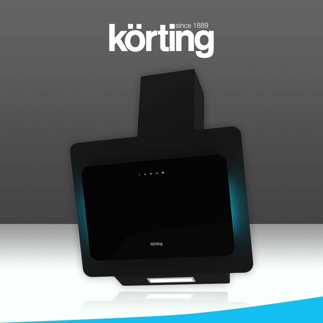Наклонная вытяжка Korting KHC 67590 GN ширина 60 см, производительность 800 м3/ч, 3 скорости, сенсор, RGB, черная