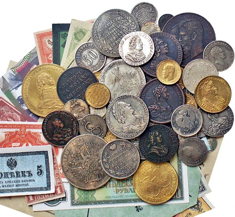 50 монет жетонов и медалей России, случайный выбор копий в разных металлах + 20 купюр в подарок, могут быть незначительные дефекты