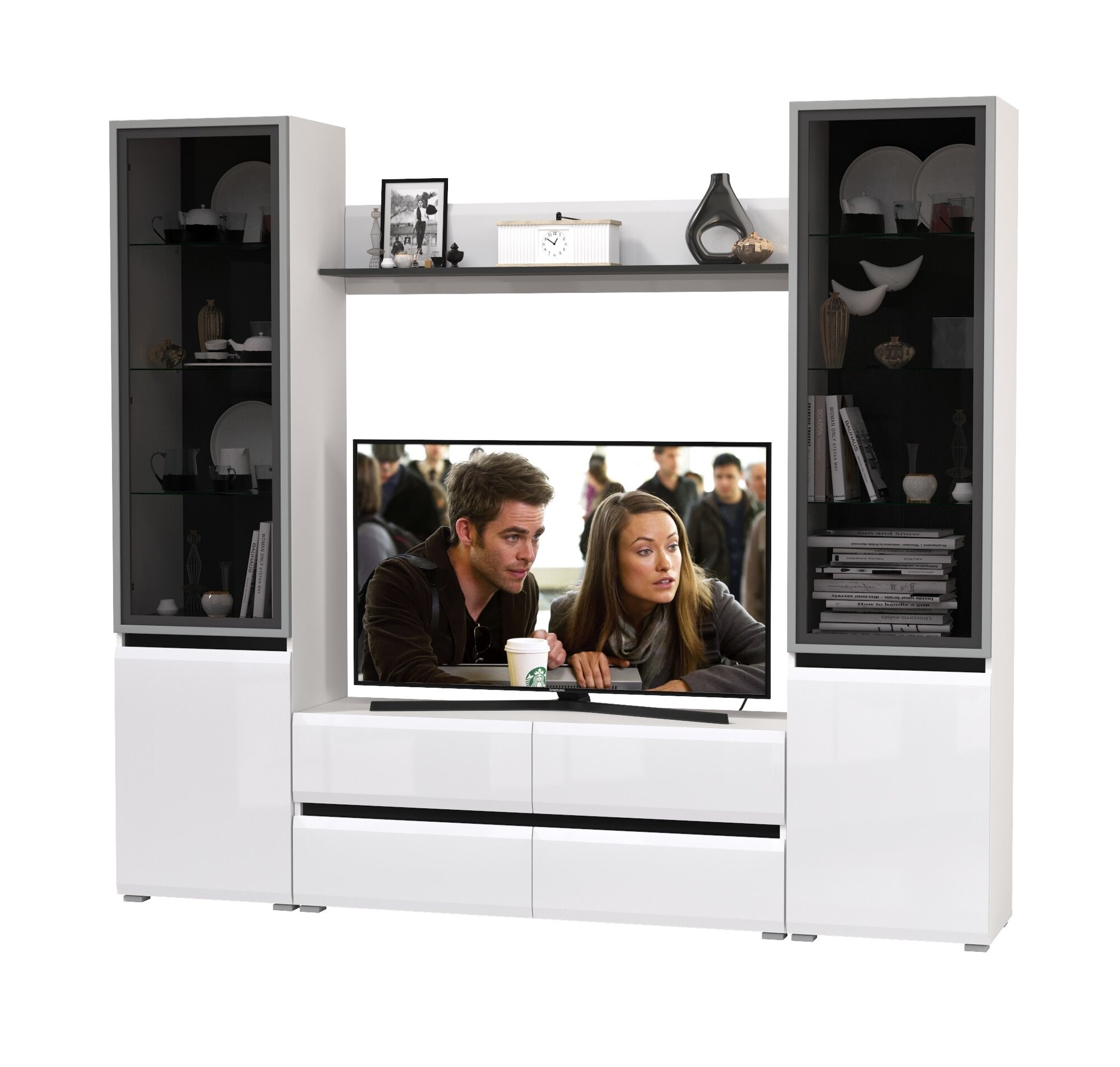 Стенка для гостиной Сидней № 49 со стеклянными дверками, цвет белый/чёрный/МДФ белый глянец, 229,9х41,3х205,2 см.