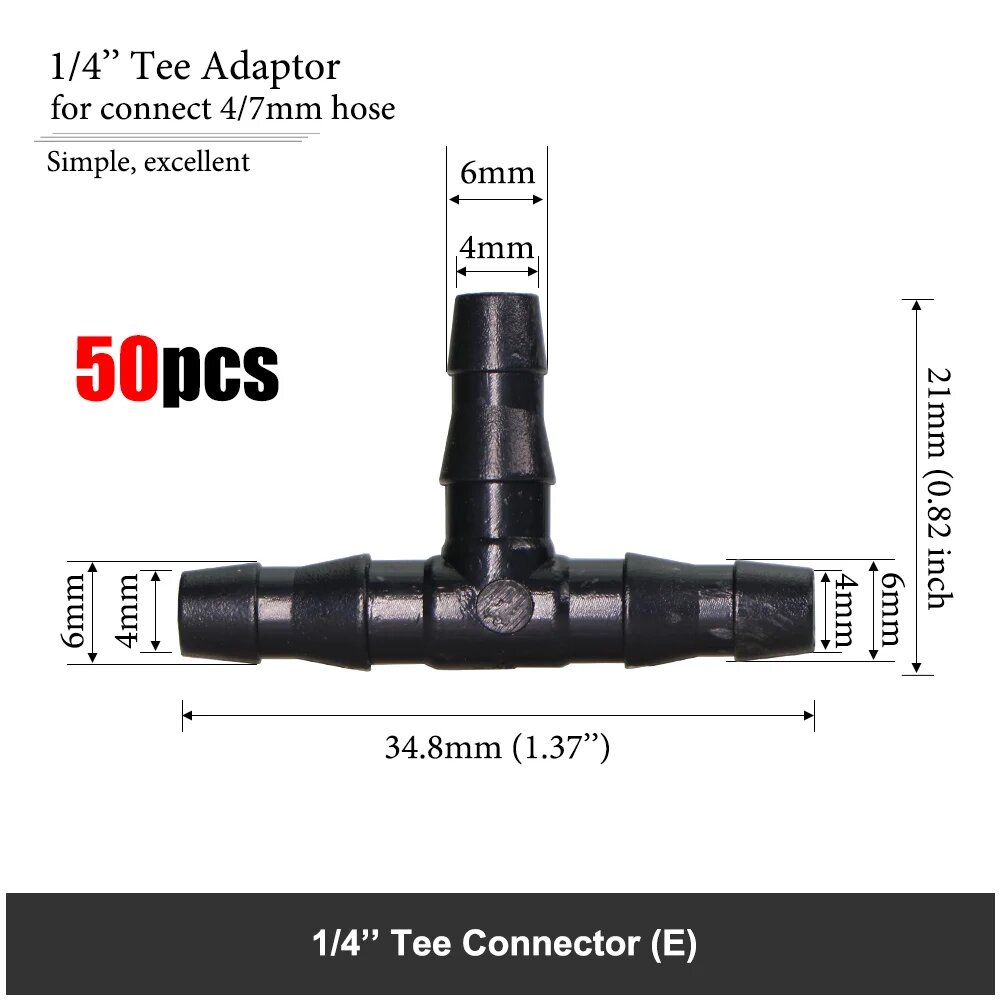 Соединитель для шланга 1/4" Tee, 50шт, черный