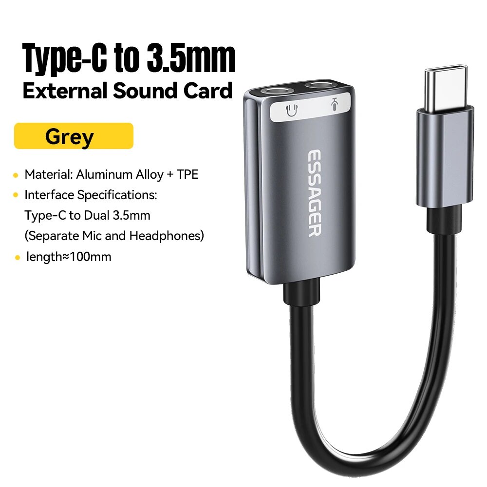 Essager Type-C to Dual 3.5mm Звуковая карта, Grey