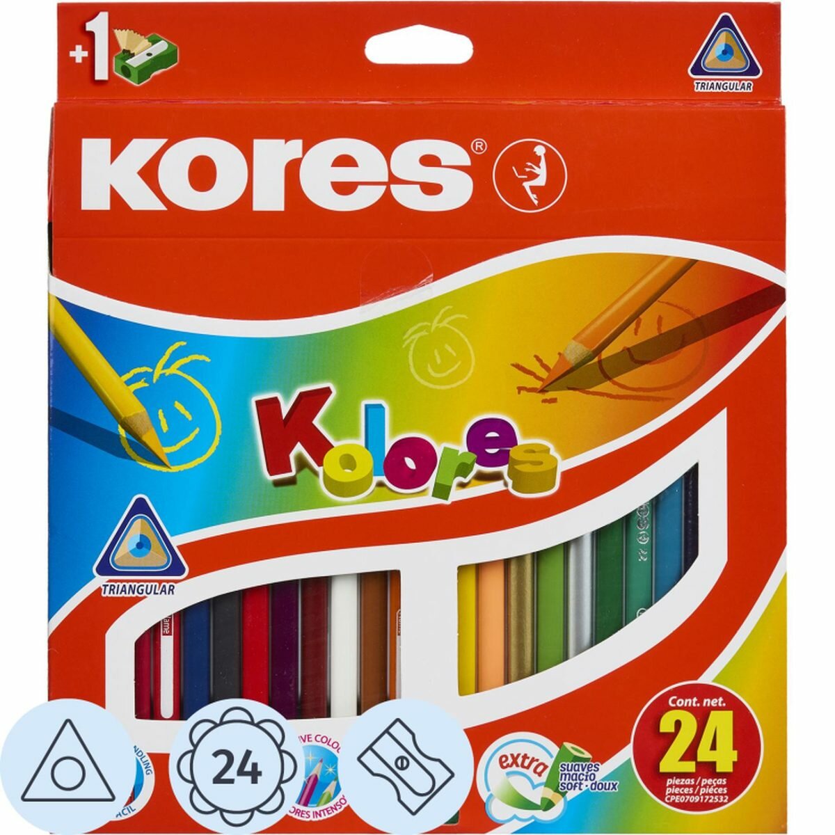 Карандаши цветные 24 цвета Kores Kolores (L=175мм, D=6.9мм, d=2.9мм, 3гр) + точилка (93324.01), 6 уп.