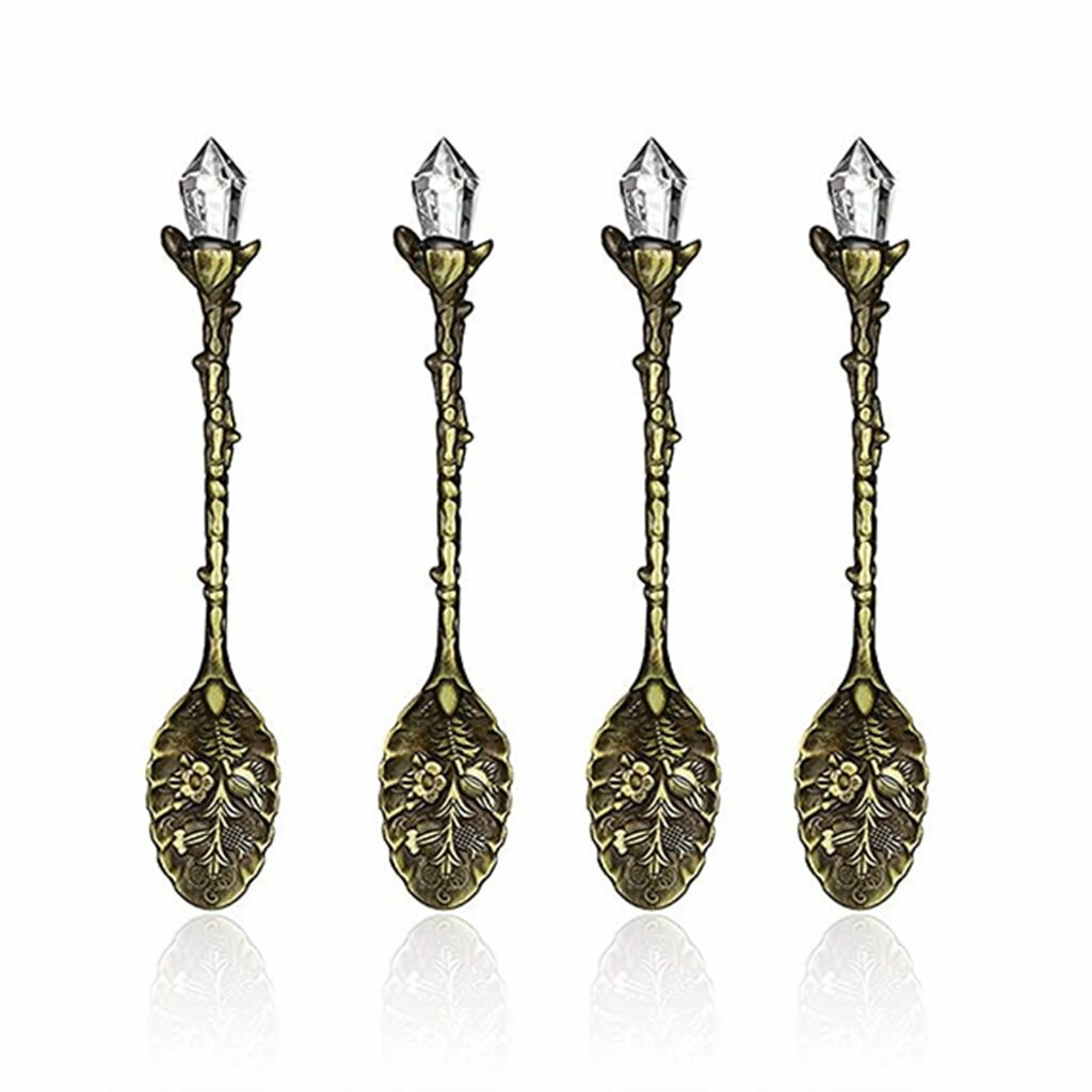 (4 шт.) Маленькая ложка из сплава с узором в виде хрустальной головки стиле ретро-JY37 зеленого древнего цвета