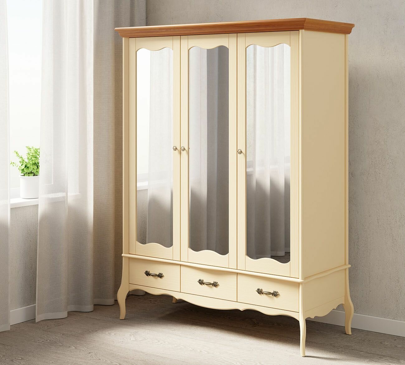 Шкаф для одежды SanRemi "Лебо", напольное исполнение, 3 двери, с зеркалами, бежевый воск/антик