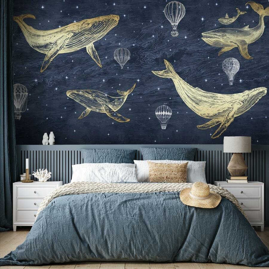 Фотообои Киты на синем фоне 14-165-S-Флок 270 x 200 см (ВхШ) Бесшовные, флизелиновые, влагостойкие обои MasterFresok