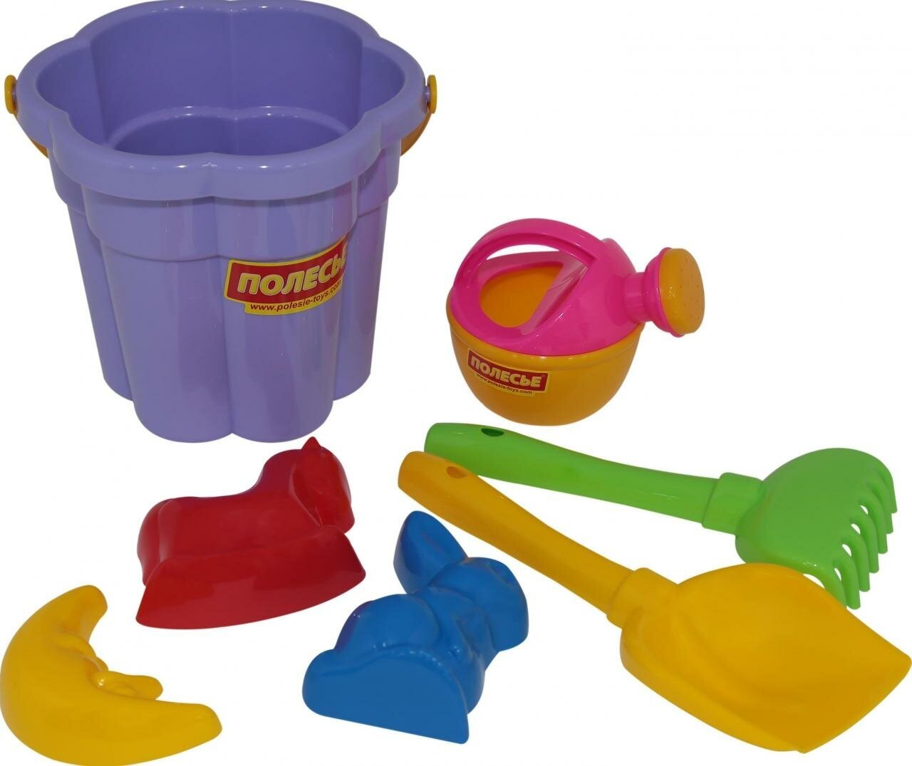 Песочный Набор №317 (ведро-цветок среднее, лопатка, грабельки, формочки (заяц+лошадка+месяц), в ассорт, в сетке), лейка малая) 35608, (Полесье)