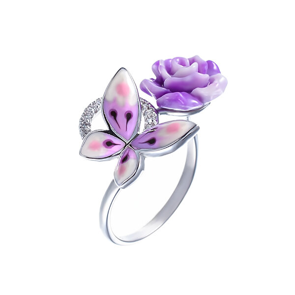 Кольцо, серебро, 925 проба, родирование, циркон, эмаль, силикон