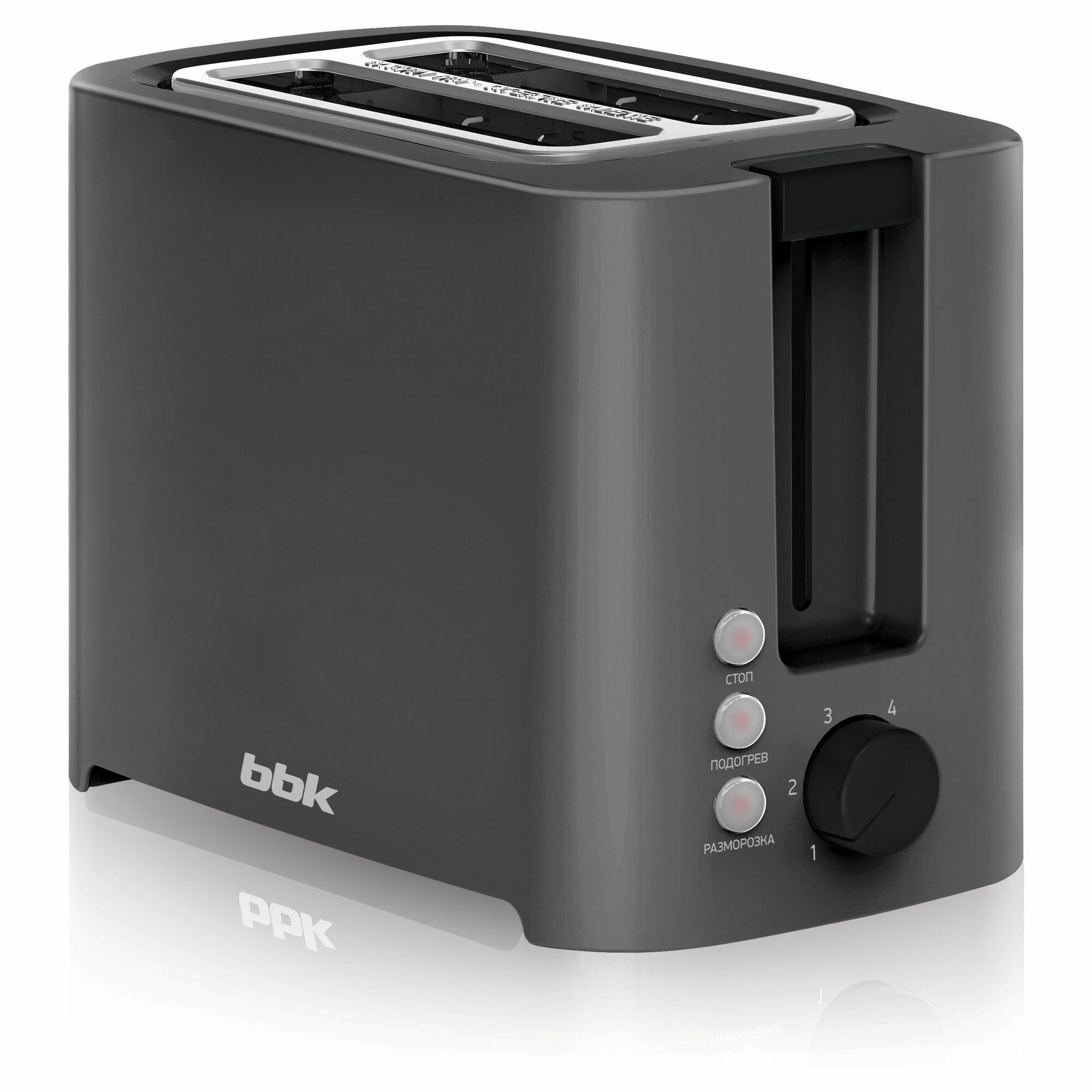 BBK Тостер TR81M, 800 Вт, с поддоном для крошек, функция разморозки, темно-серый
