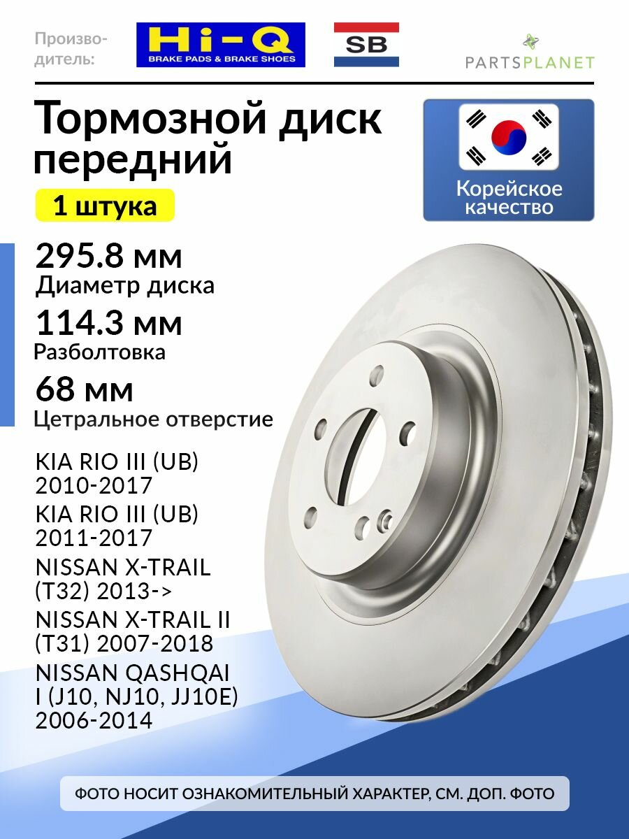 Диск тормозной передний вентилируемый диаметр 296x26 мм 4 отверстия для КИА Рио III 2010-2017, 2011-2017, Ниссан Х-Трейл 2013-, II 2007-2018, Кашкай I 2006-2014, KIA Rio Nissan X-trail Qashqai