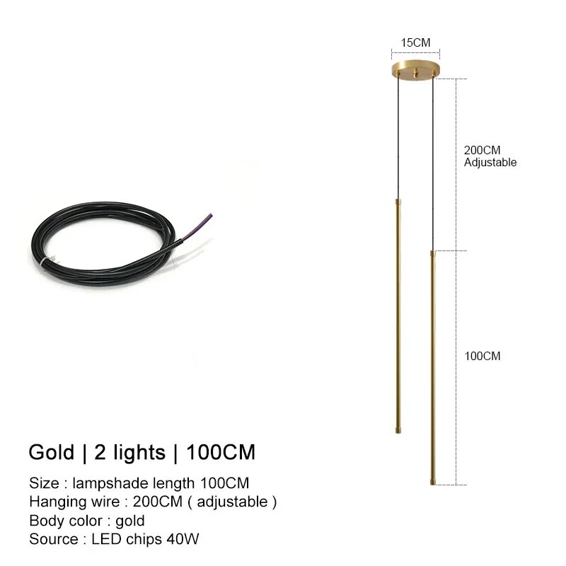 Золотая LED люстра 2 лампы, 100 см, белый свет