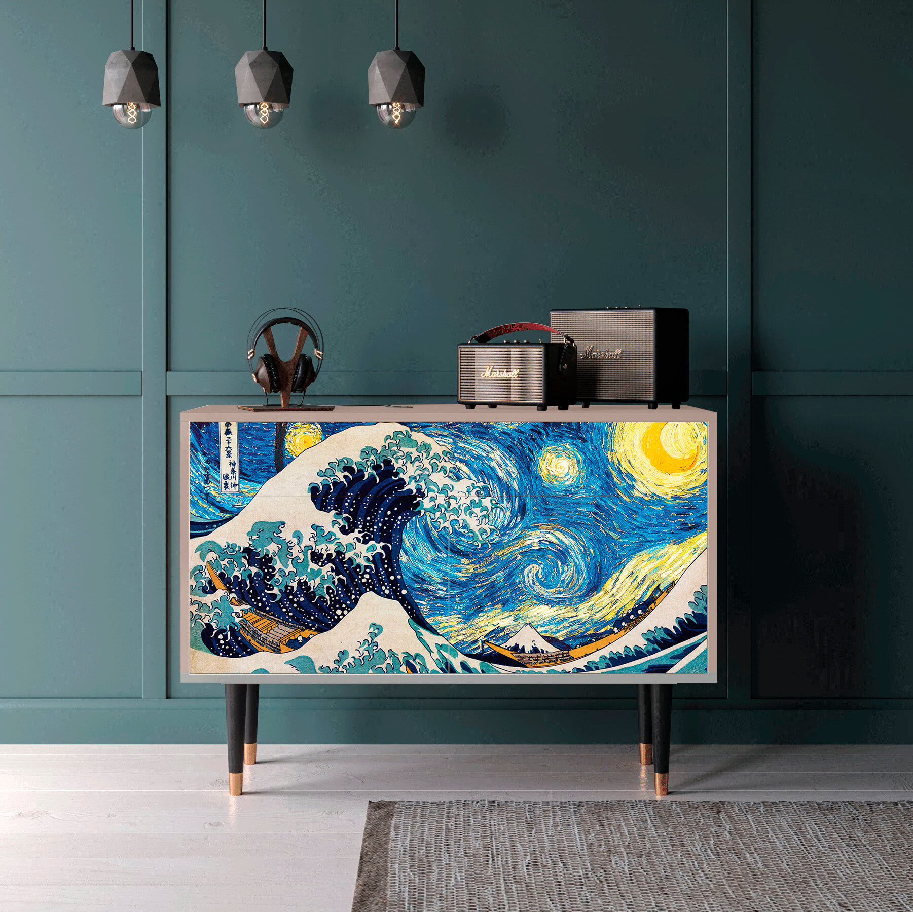 Комод - STORYZ - BS4 The Great Wave off Kanagawa by Hokusai, Размер - 115 x 85 x 48 см, Цвет корпуса - Бежевый