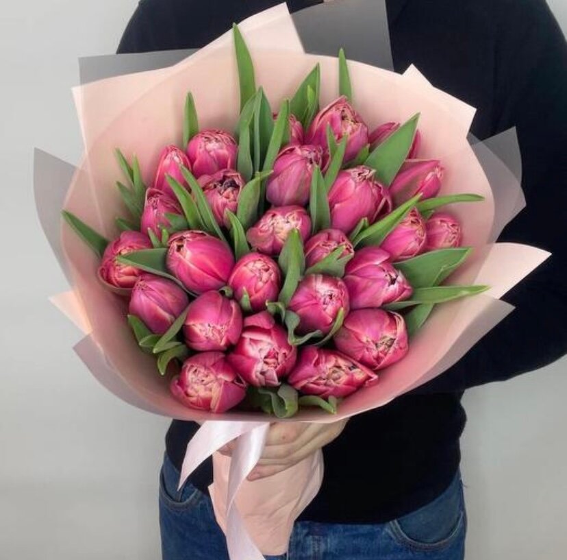 Букет живых цветов "Тюльпаны пионовидные" NURA FLOWERS, 35 цветков, высота 40 см, розовый