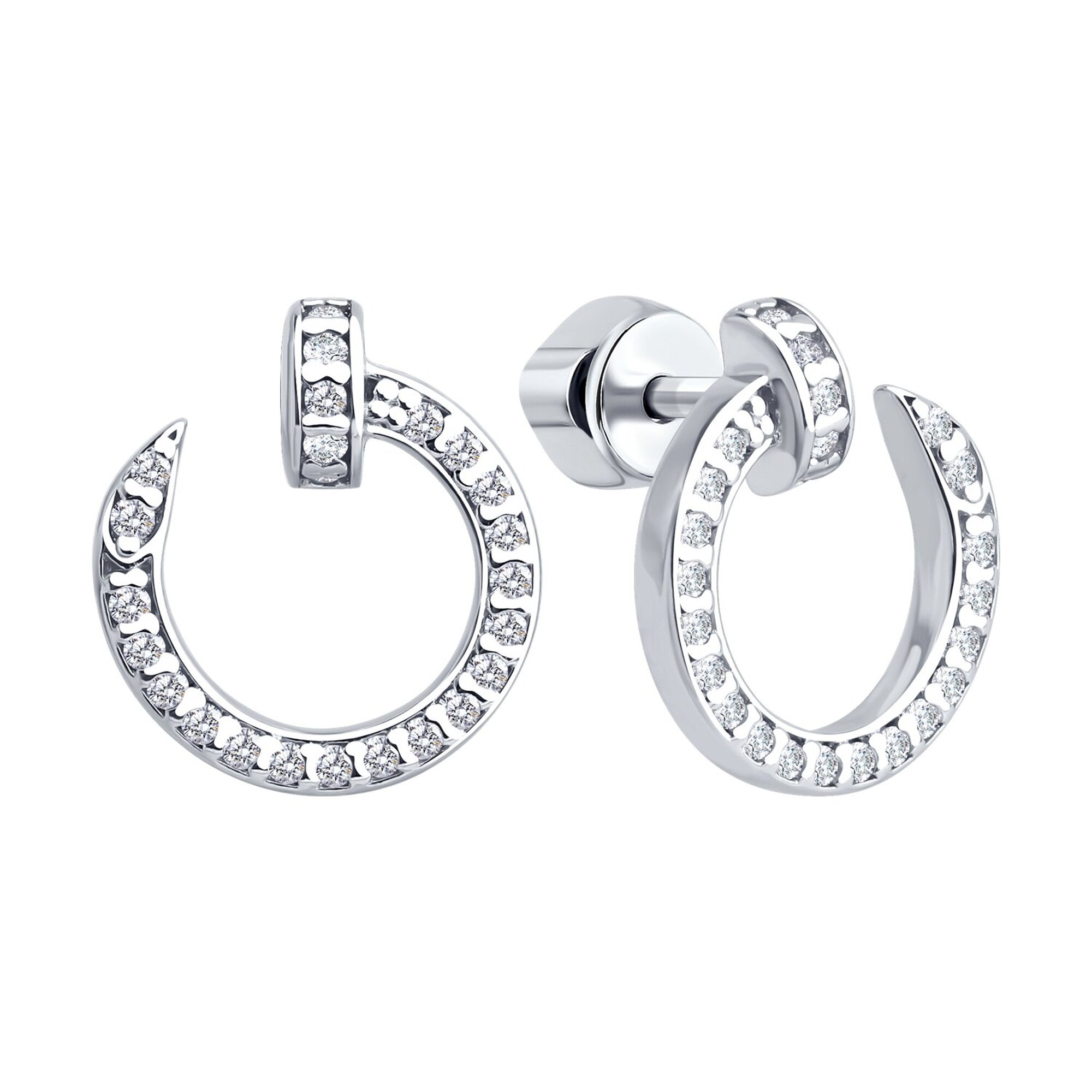 Серьги пусеты, серебро, 925 проба, родирование, фианит