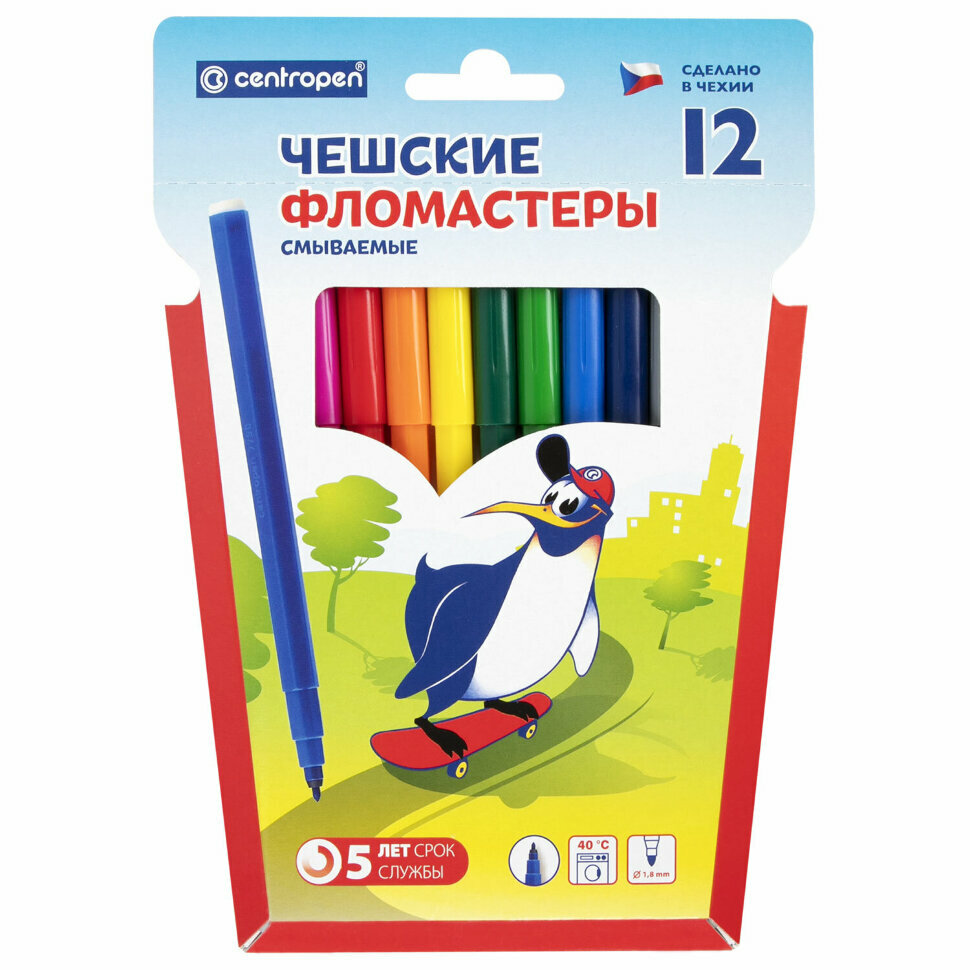 Фломастеры 12 цветов CENTROPEN "Пингвины", смываемые, вентилируемый колпачок, 7790/12ET, 7 7790 1286, 150056