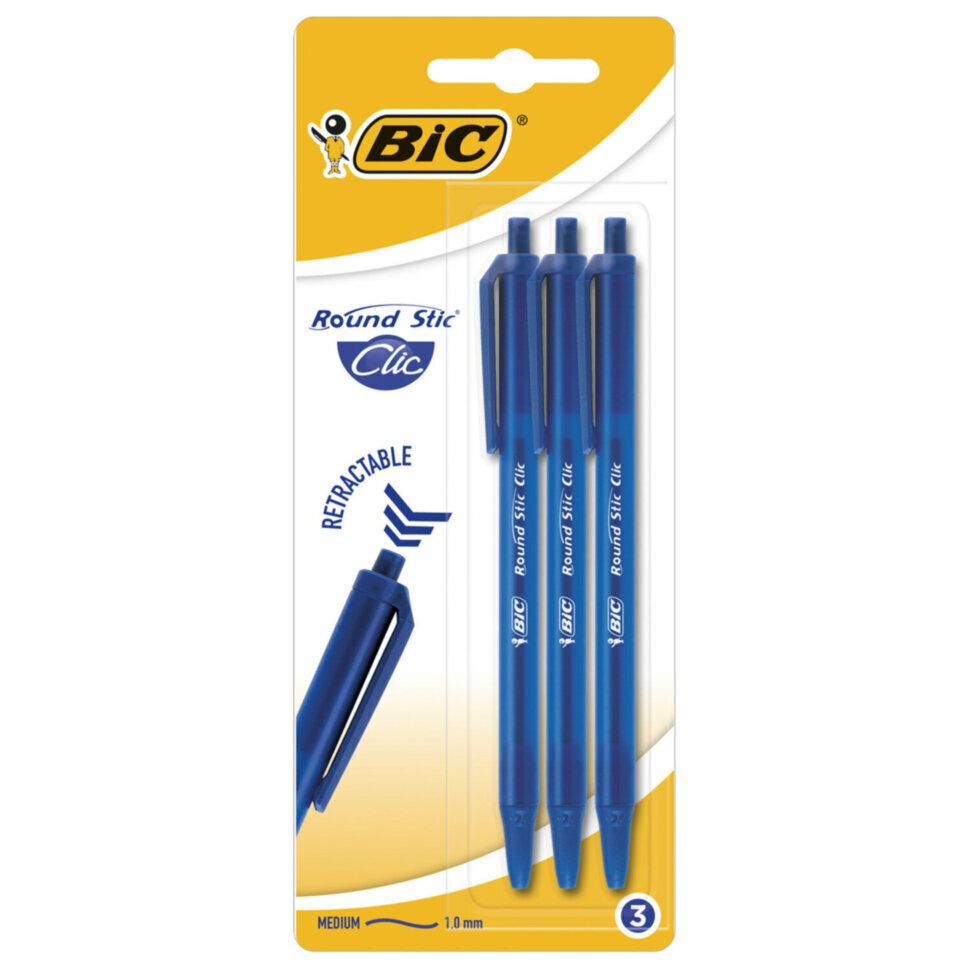 Ручки шариковые автоматические BIC "Round Stic Clic", набор 3 шт, Синие, линия письма 0,32 мм, блистер, 926374, 143981