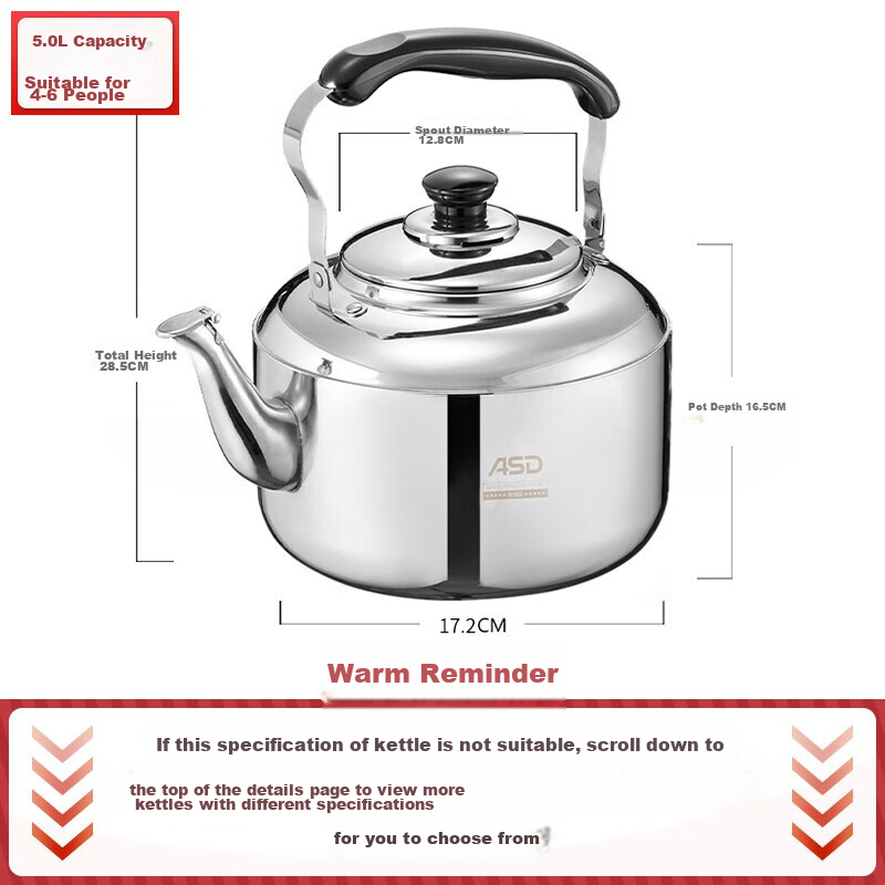 Aishida ASD Kettle, Thickened 304 Stainless Steel, 5L Capacity, Whistling Water Boiler, Compatible with Gas And Induction Cooktops, Model HS05T2WG
