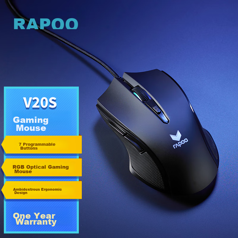 Rapoo V20S Wired Mouse, Gaming Mouse, 7 Programmable Buttons, Ergonomic, Esports Mouse, PUBG Mouse, Laptop Mouse, Black