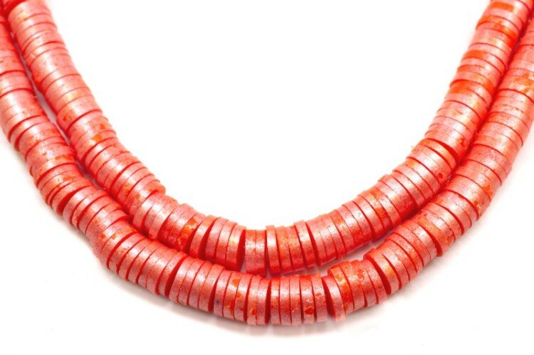 Бусины каучуковые плоские круглые 6х1мм, отверстие 1,5мм, цвет оранжевый с перламутром, 524-037, 1 нить (около 39 см, около 350шт)