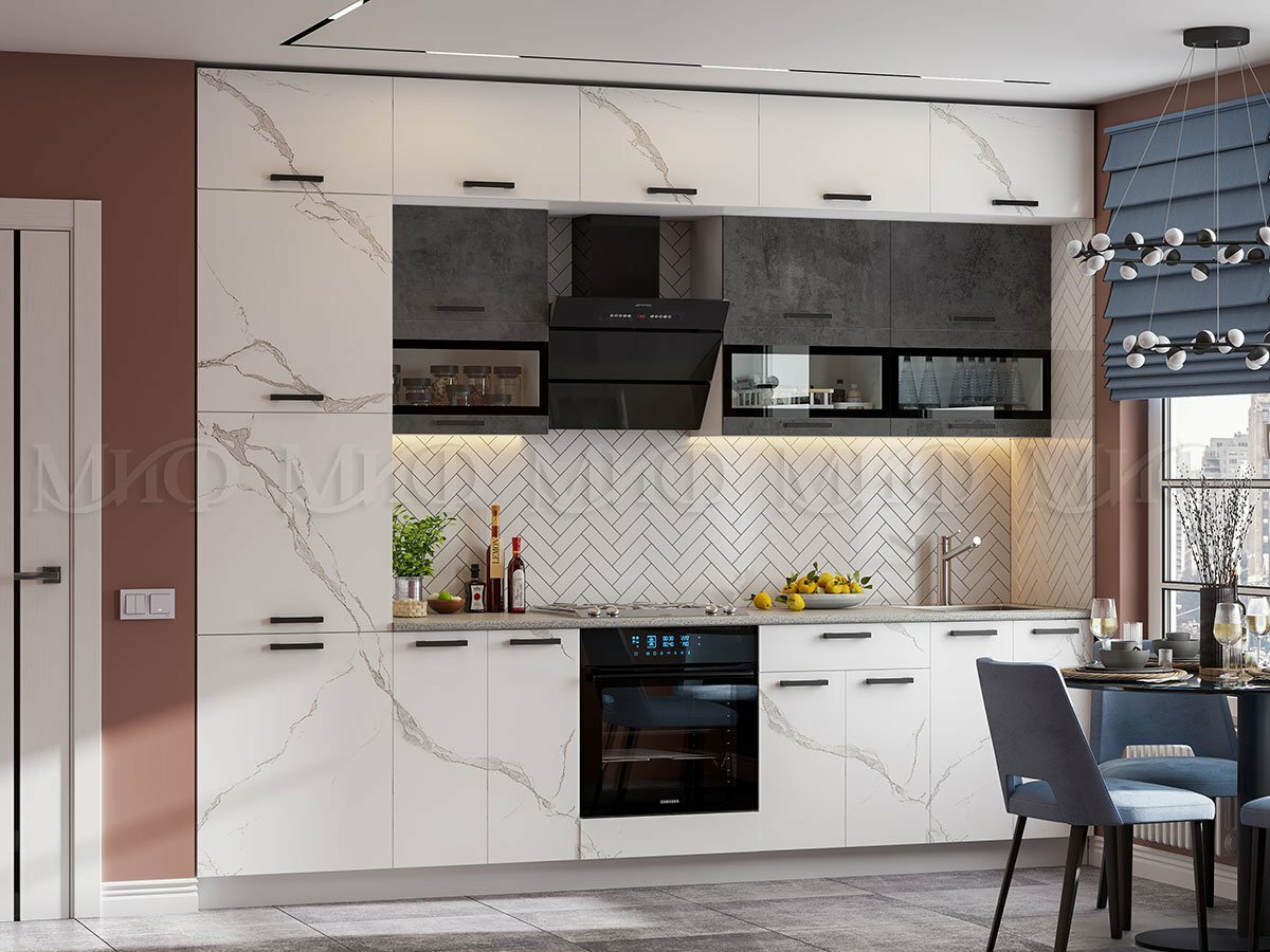 Кухня Техно с пеналом Компановка №2 Мрамор / Бетон графит, столешница Антарес, размер ШхГхВ 3000х600х2500мм