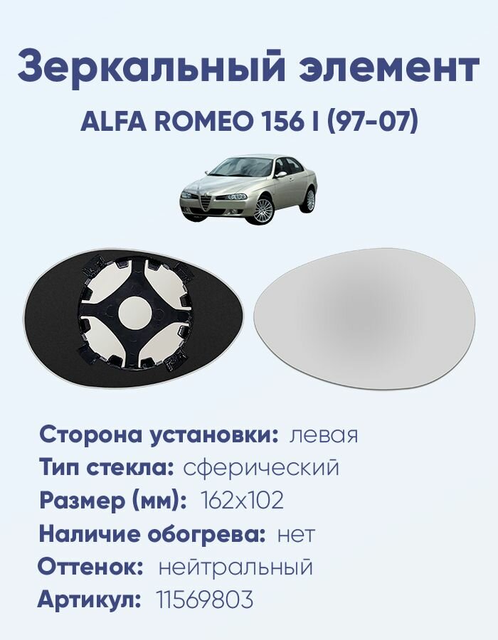 Зеркальный элемент левый ALFA ROMEO 156 I (97-07) сфера нейтральный без обогрева