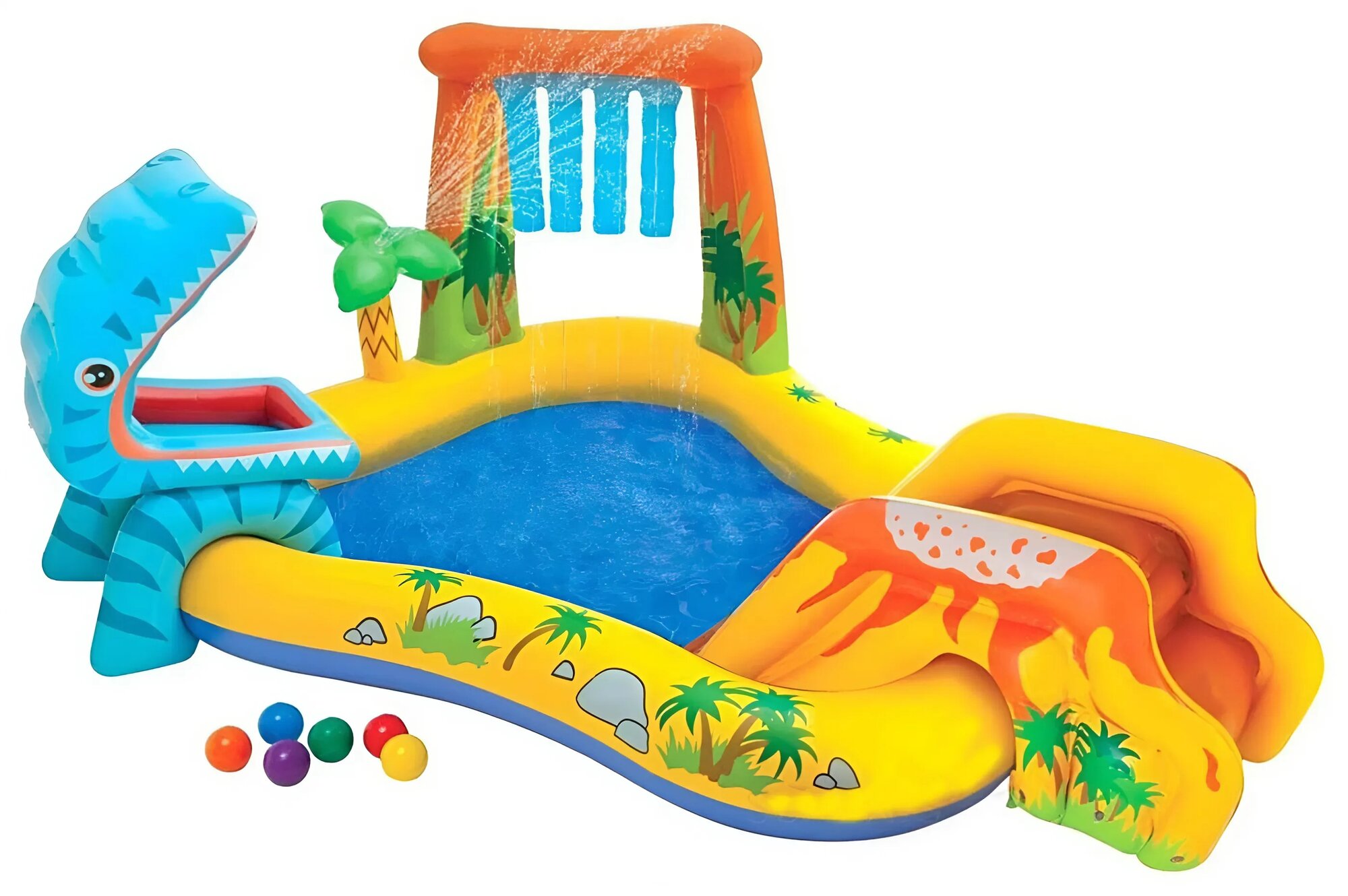 Игровой центр Динозавр 57444 Intex 249*191*109 см с горкой, фонтаном и шариками