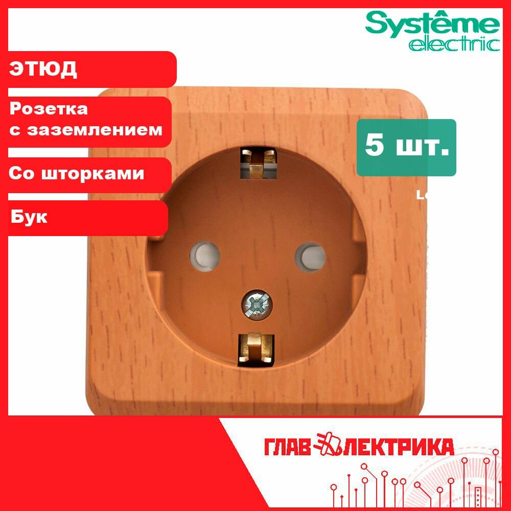 Розетка накладная одинарная с заземлением, со шторками, 16А, IP20, Этюд, Бук, PA16-004T / Розетка Этюд Systeme (Систем) Schneider Electric, комплект 5 шт.