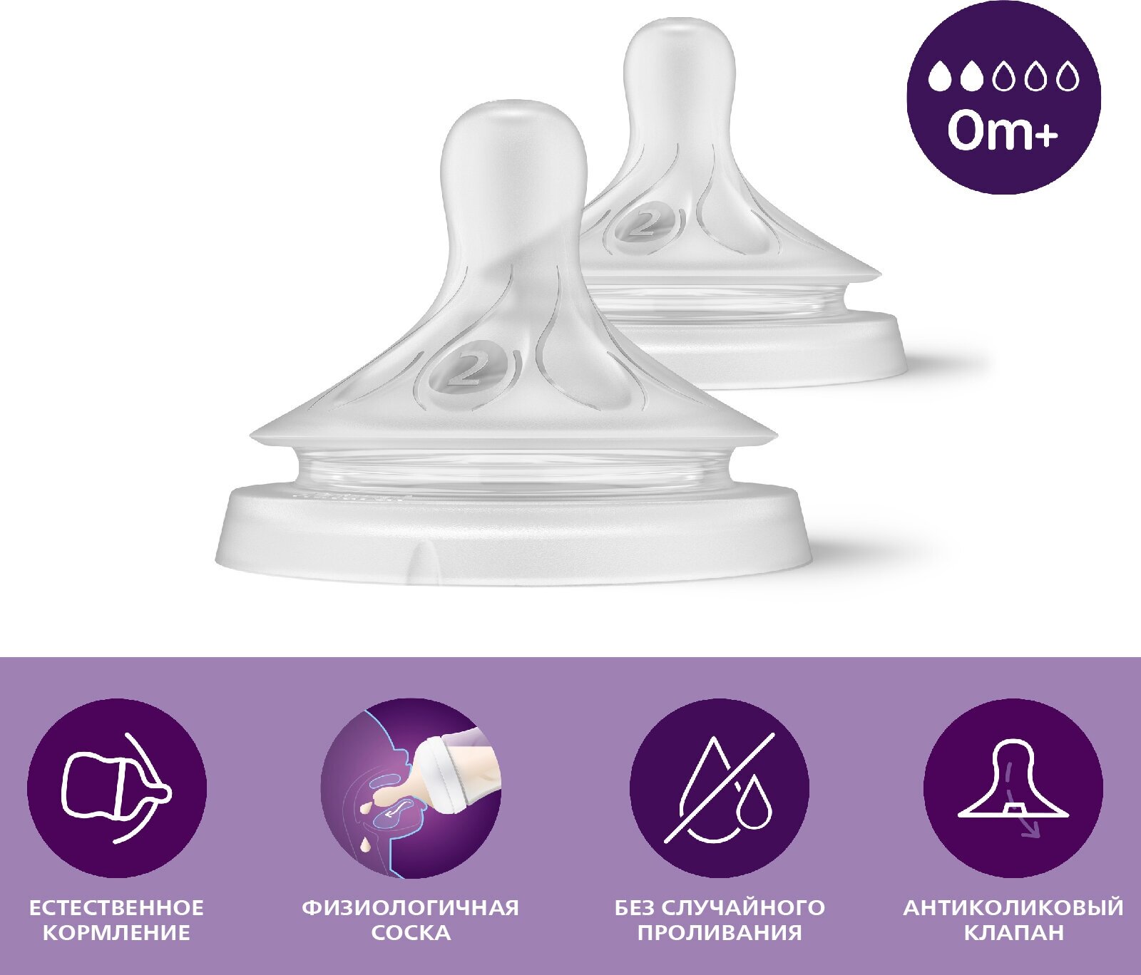 Соска силиконовая Philips Avent Natural Response SCY962/02 с медленным потоком от 0 мес, 2 шт