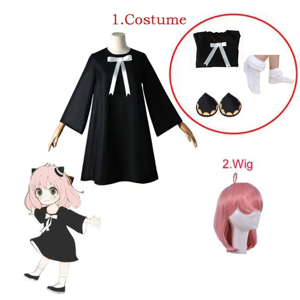 Косплей костюм Аня Форгер из аниме «Шпионская семья» Черный, L, Costume1 Wig1