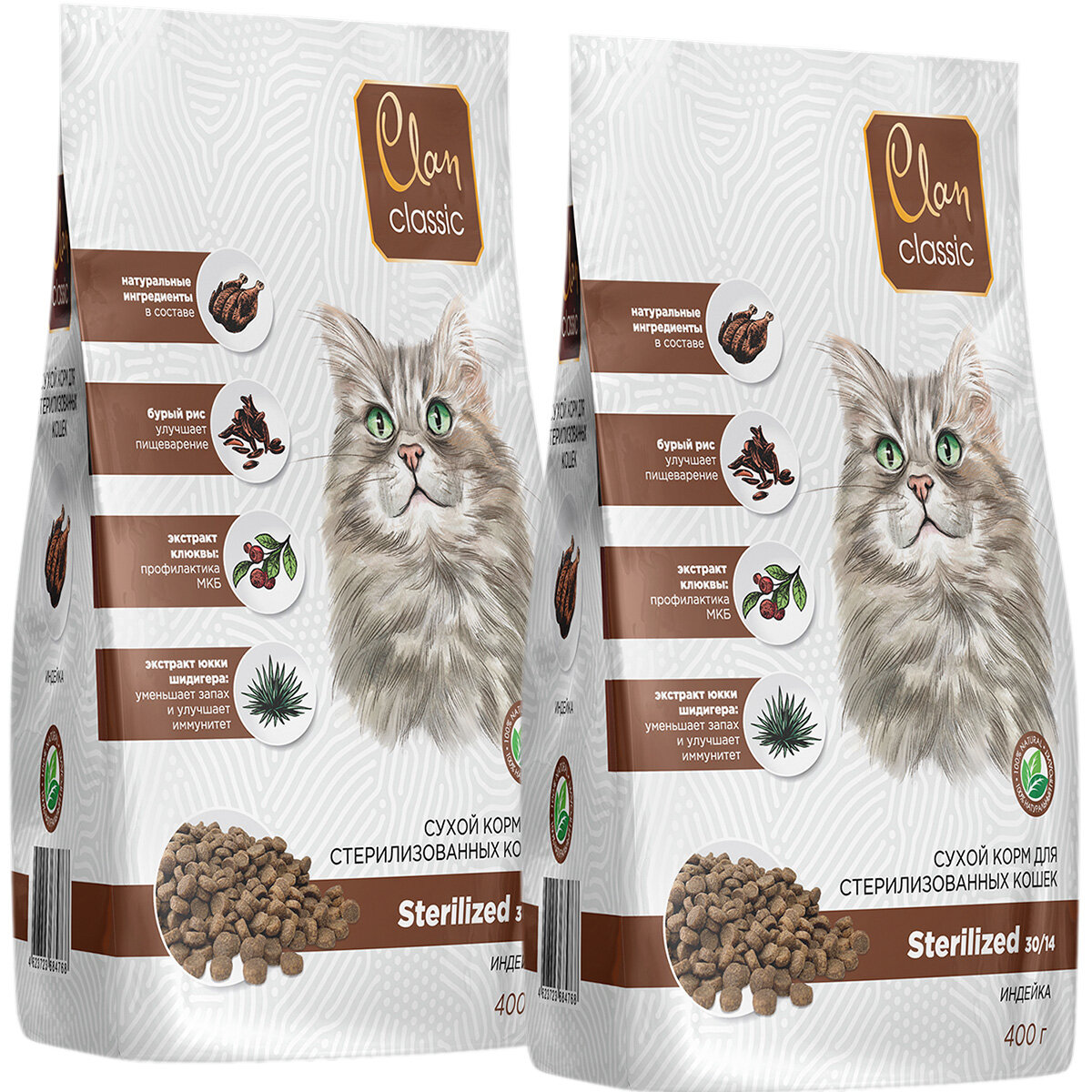 CLAN CLASSIC STERILIZED 30/14 для взрослых кастрированных котов и стерилизованных кошек с индейкой (0,4 + 0,4 кг)