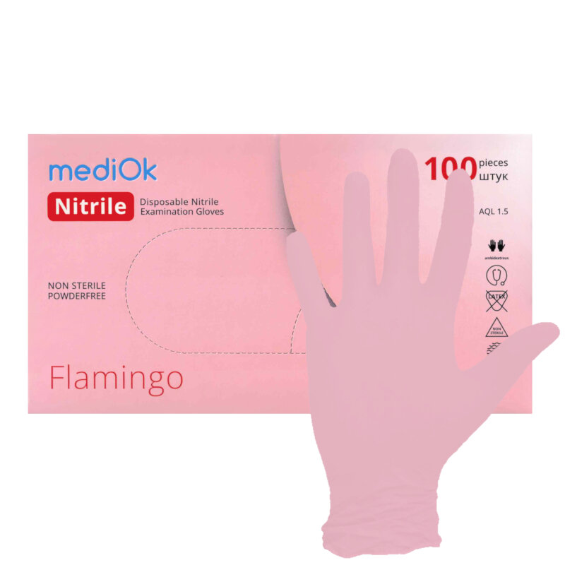 Перчатки нитриловые смотровые mediOk Flamingo розовый (50 пар, M)