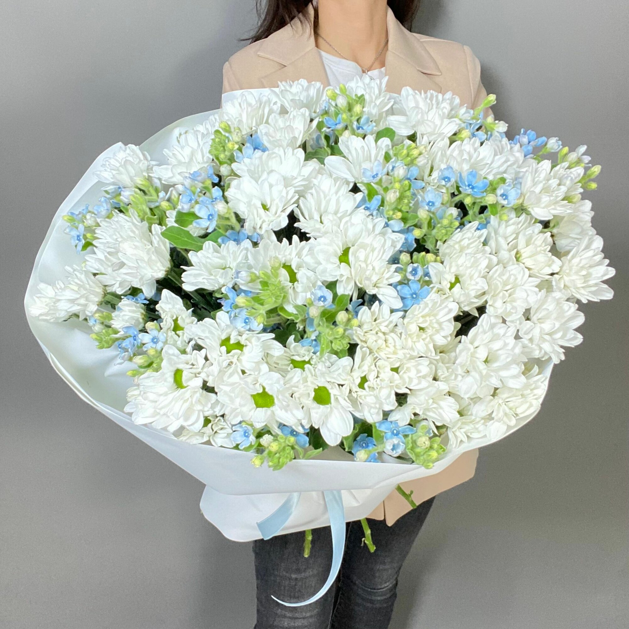 Хризантемы (хризантема 11 шт, оксипеталум 15 шт.), высота букета 50 см