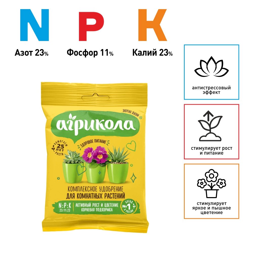 Удобрение универсальное "Агрикола" для комнатных растений, водорастворимое, 3шт х 25 г