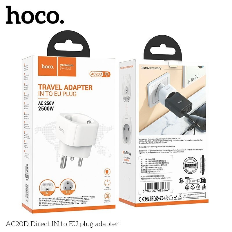 Адаптер для розетки Hoco AC20D, 2500 Вт, евровилка, белый, 1 шт