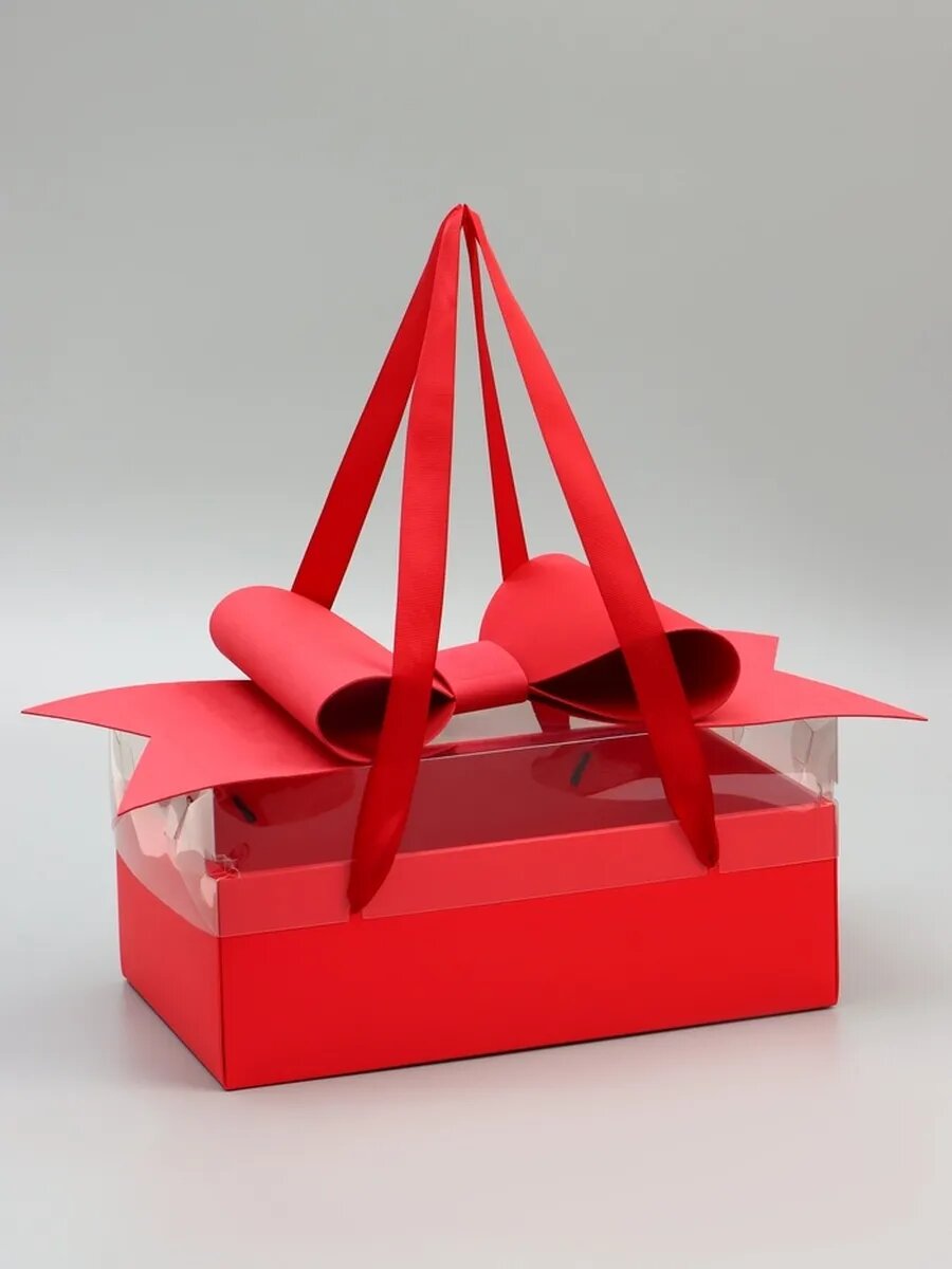 Коробка подарочная с бантом, ручками и прозрачной крышкой 35