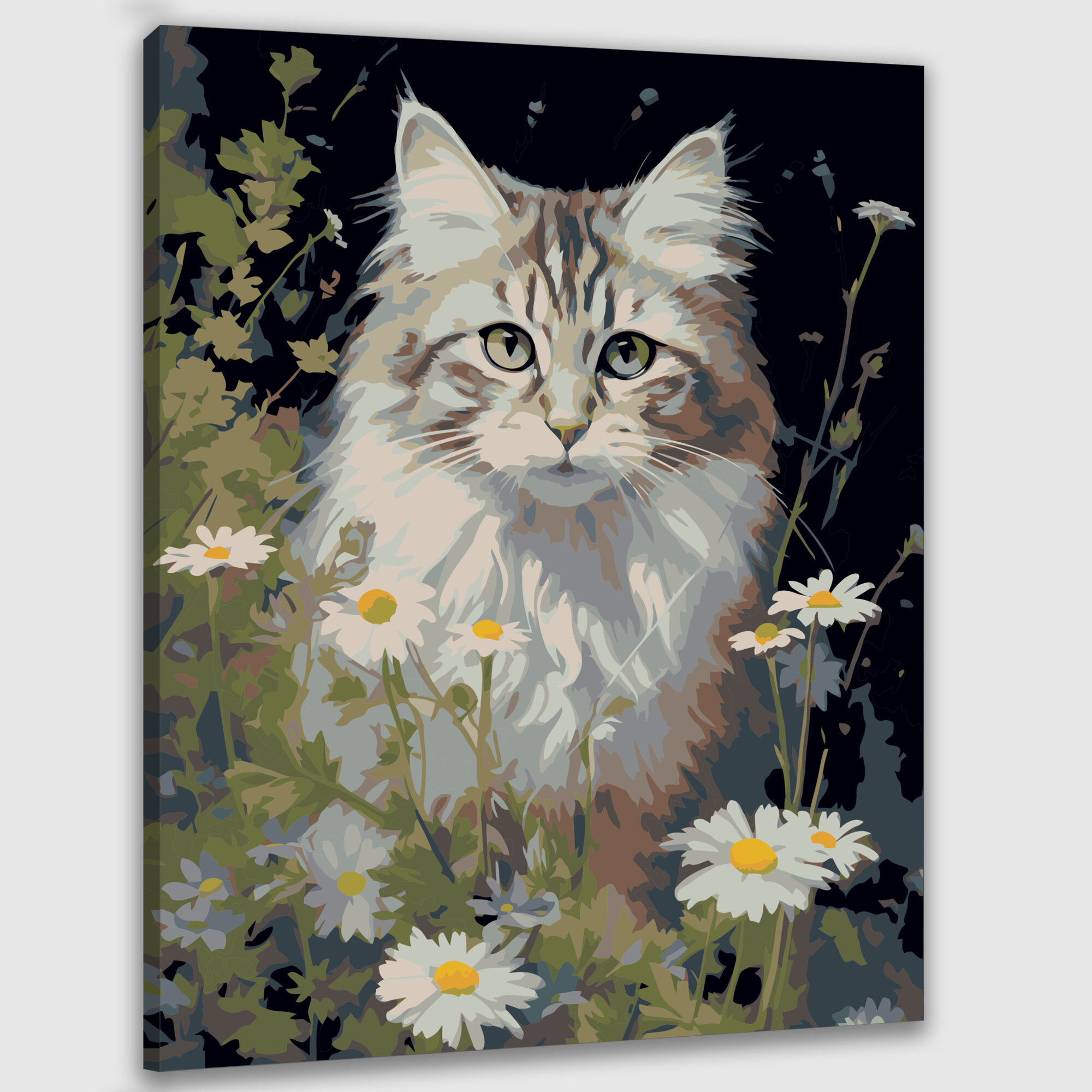Картина по номерам 40x50 см, картина маслом, кошка мейн-кун, выразительные глаза, пушистая шерсть, зеленая листва