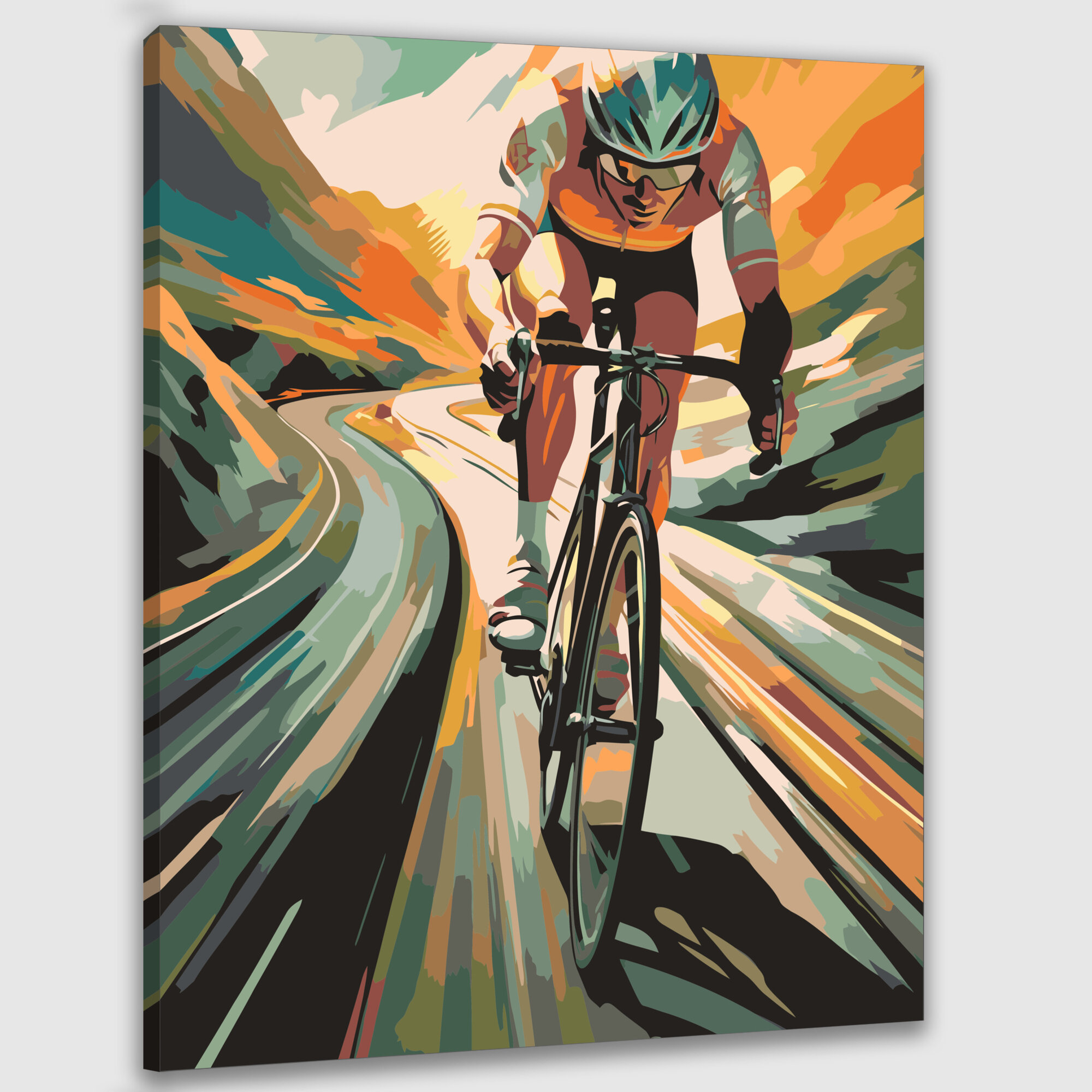 Картина по номерам 40x50 см, велосипедист, горная дорога, скорость, спорт, фотография, мчащийся, поворот, волосы, ветер