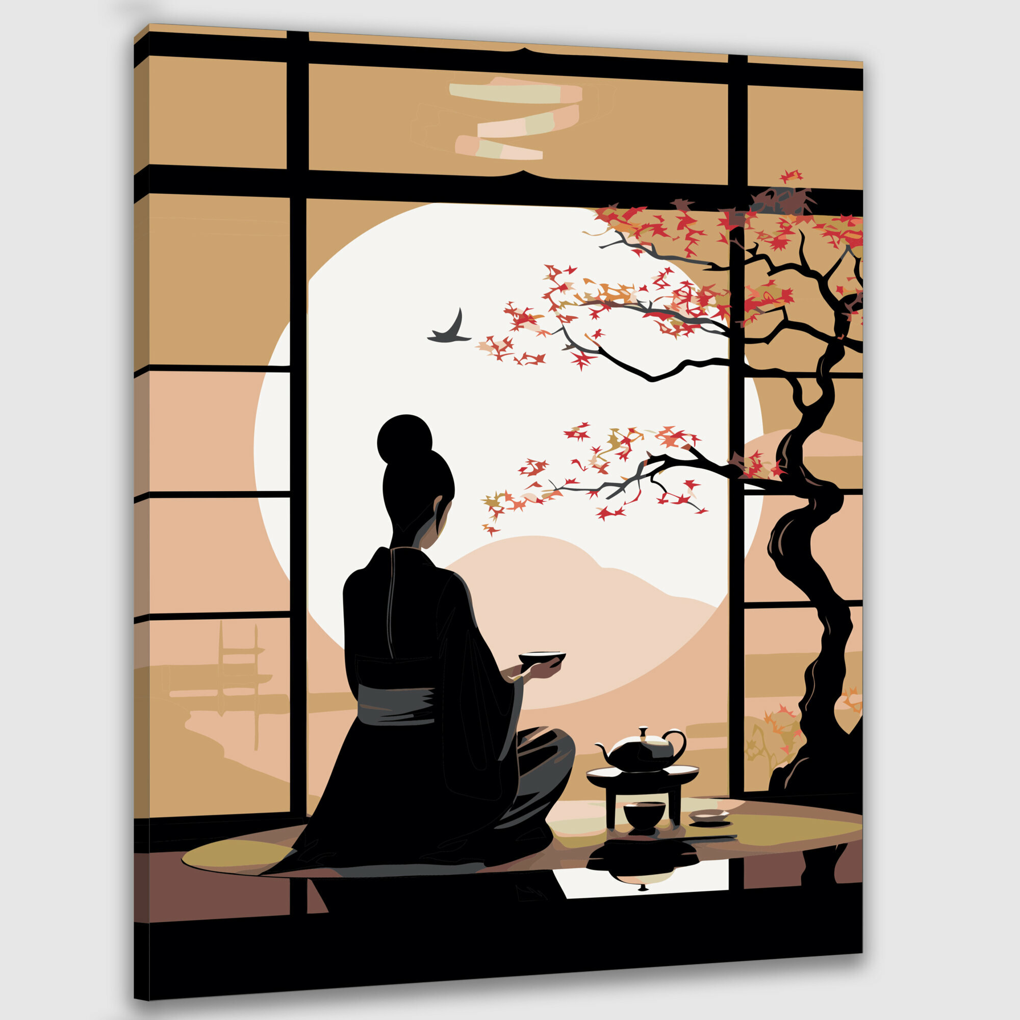 Картина по номерам 40x50 см, цифровая иллюстрация, японская чайная церемония, чайная комната, минималистский дизайн