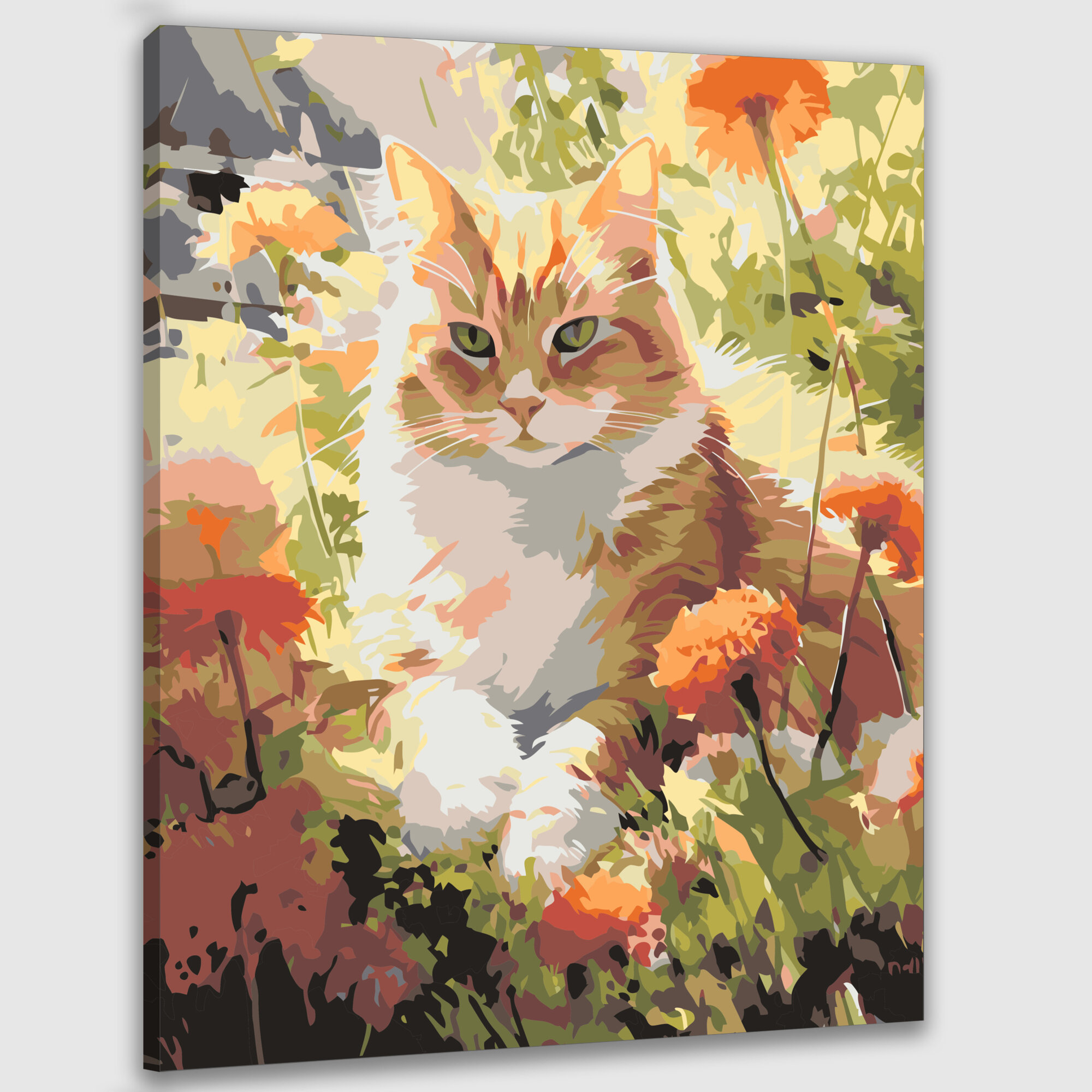 Картина по номерам 40x50 см, акварельная картина, кот, дремлющий, солнце, трава, цветы, ветерок, мечтательное выражение