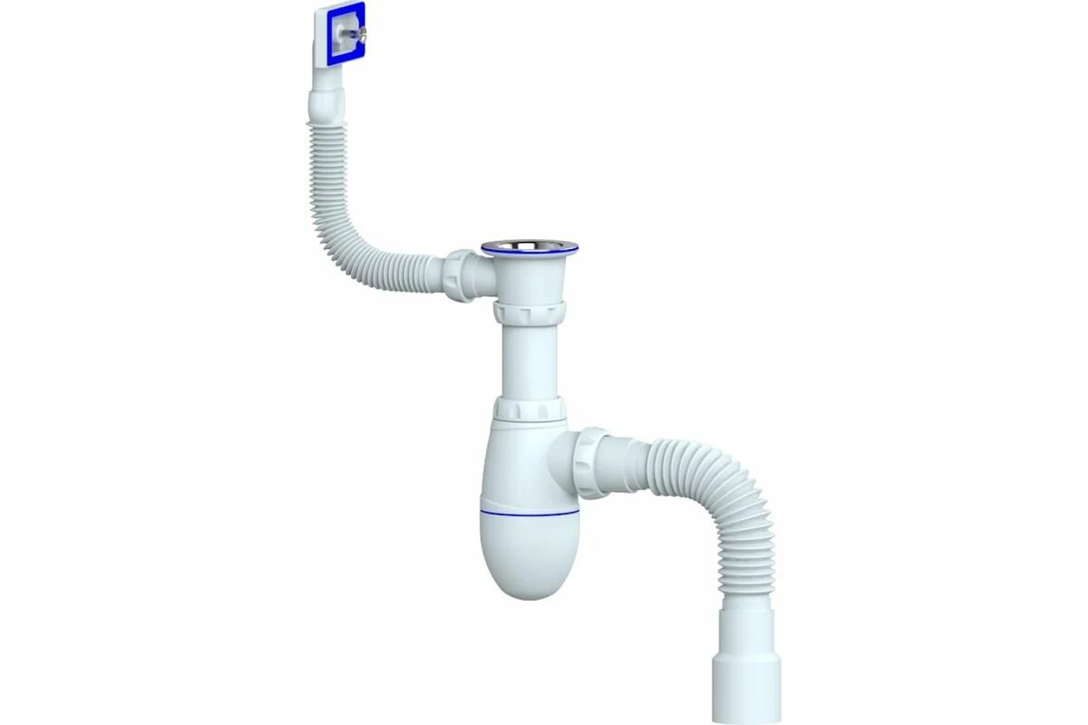 B422 Сифон для мойки с прмоугольным переливом с при-мся выпуском 1 1 2 (40) с винтом 6*40 с нер-й чашкой с отводом в канализацию 40*40/50